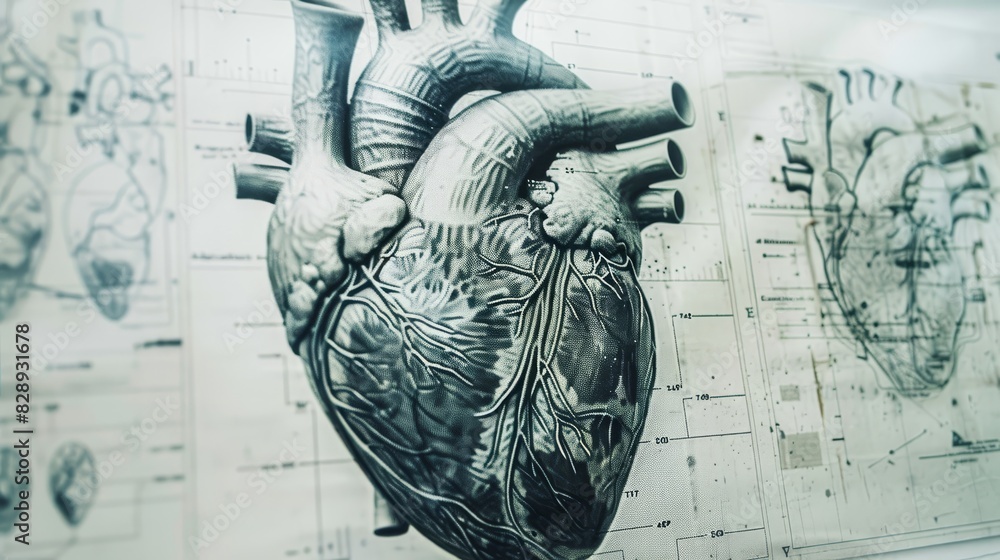 Anatomical blueprint of a human heart crosssection, detailed and muted ...