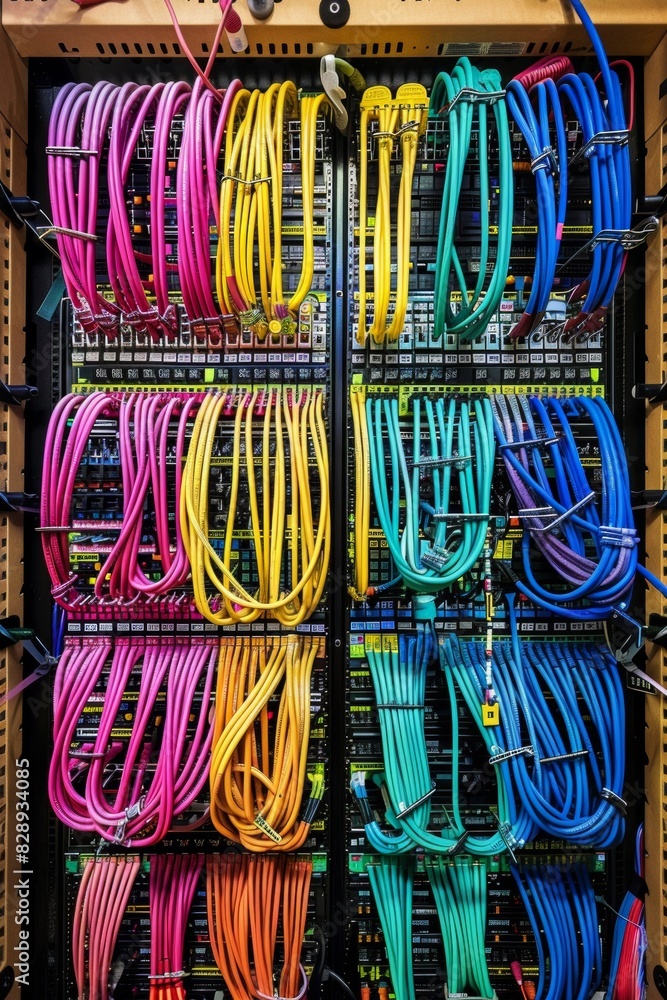 Network rack wiring diagram in blueprint style, color-coded cables ...