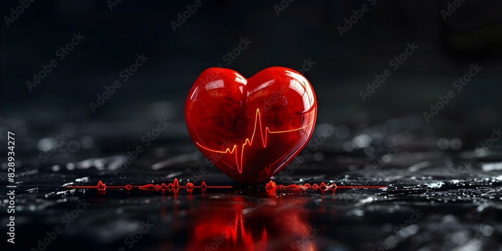 Abstract red heart shape with pulse line on black background. Concept ...