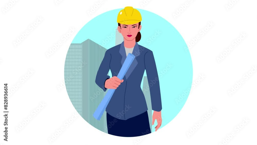 Cartoon animation of a female architect with buildings popping up on ...