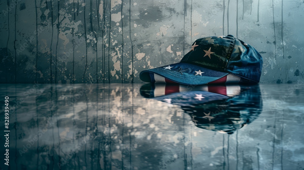 Honoring fallen soldiers with a folded American flag and cap, captured ...