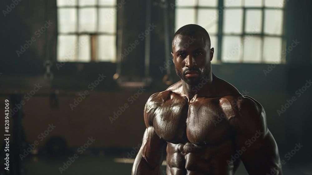 Muscular man with glistening skin in a gym, posing confidently and ...