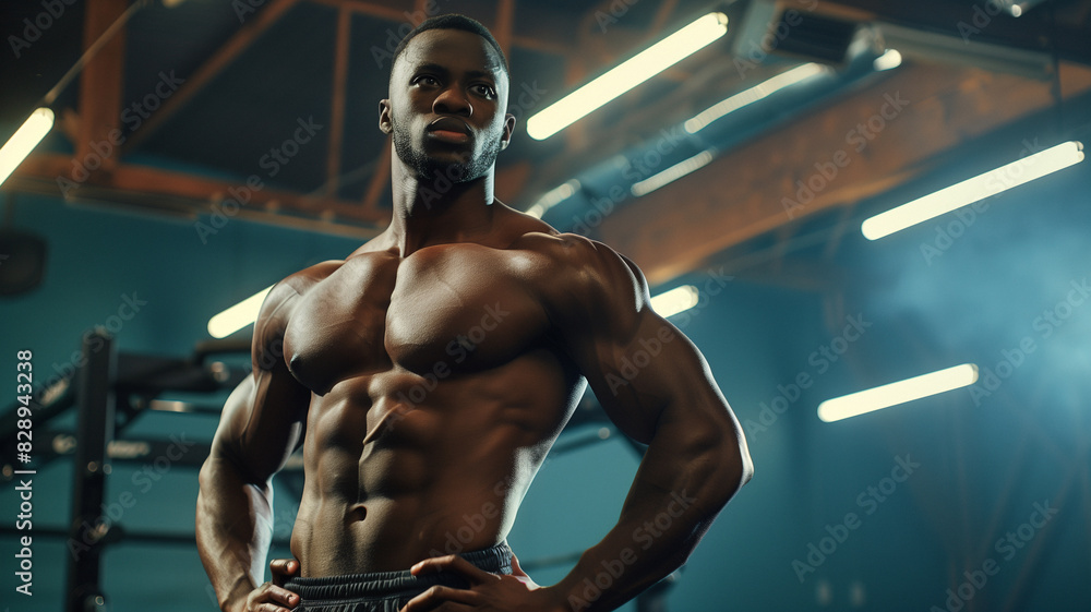 Muscular man in a gym, striking a powerful pose, showcasing his defined ...
