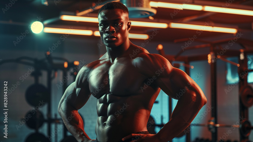 Muscular man with glistening skin in a gym, posing confidently and ...