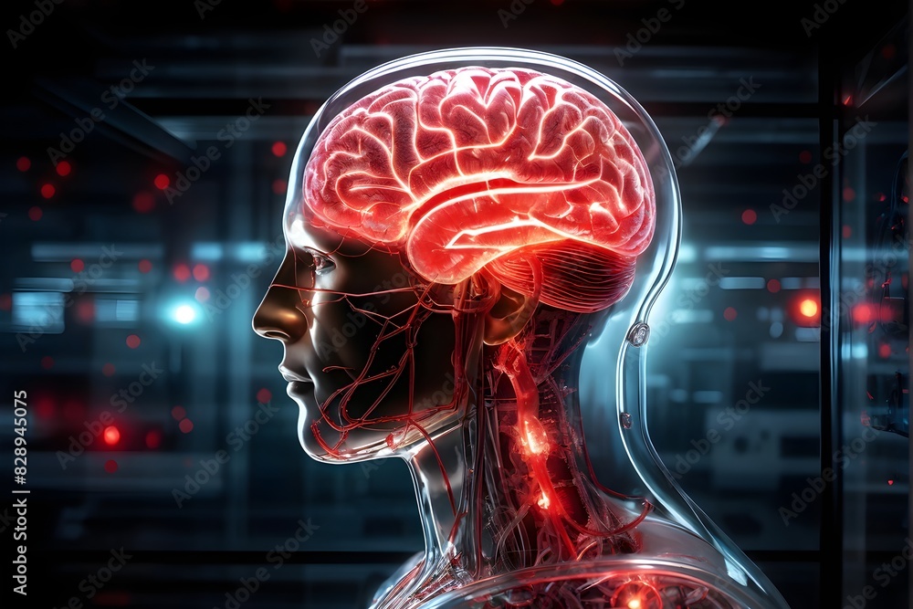 transparent human head revealing a detailed brain with areas of ...