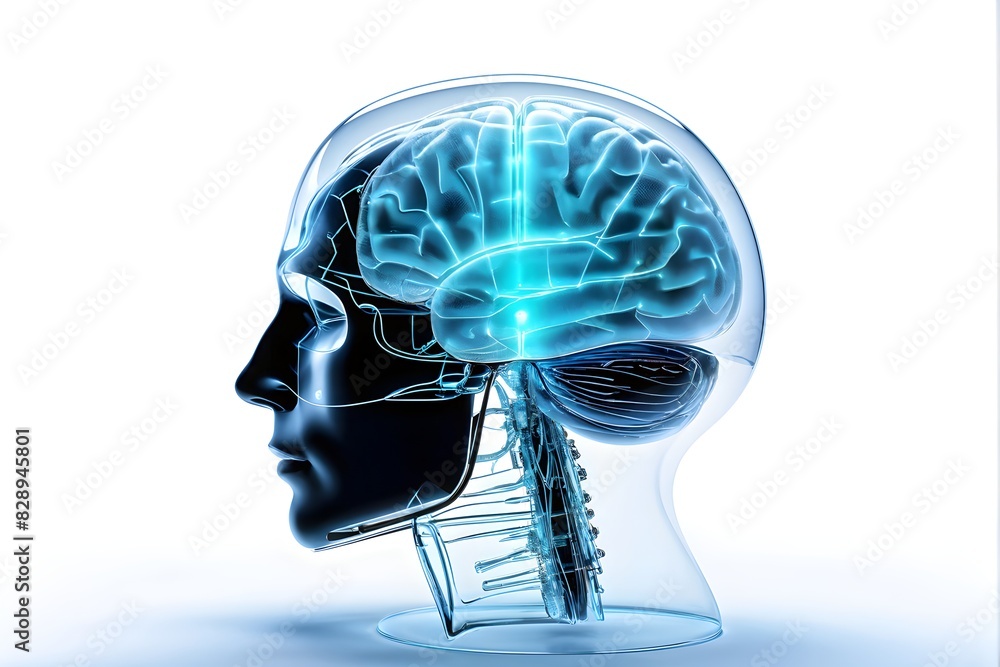 transparent human head revealing a detailed brain with areas of ...