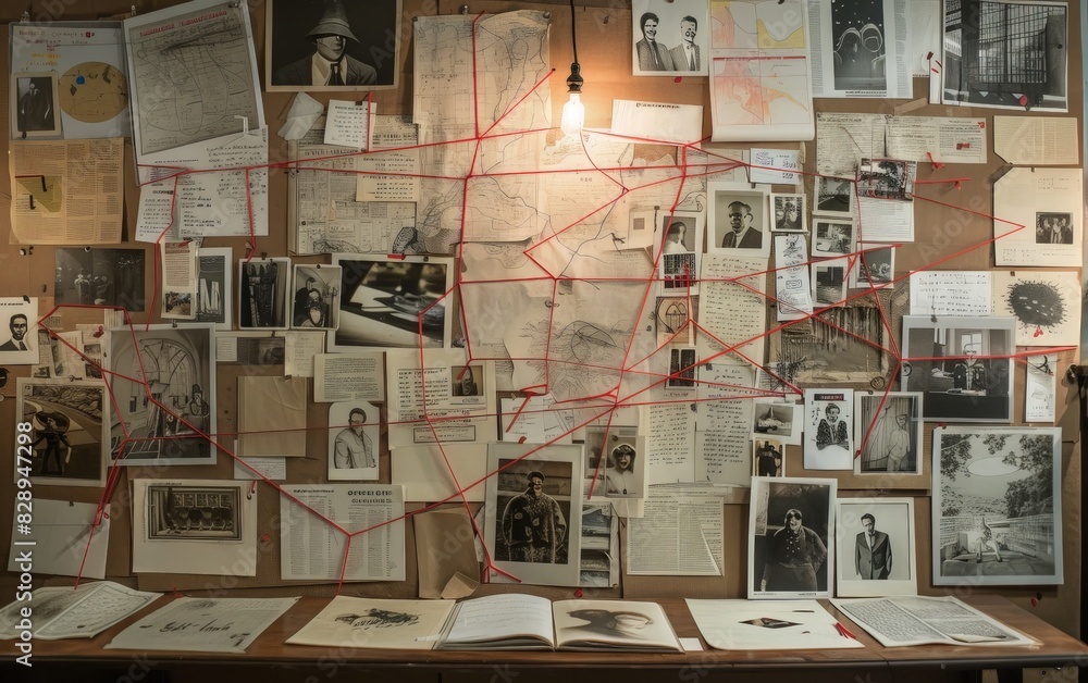 A detailed investigation board with photos, notes, and red strings ...