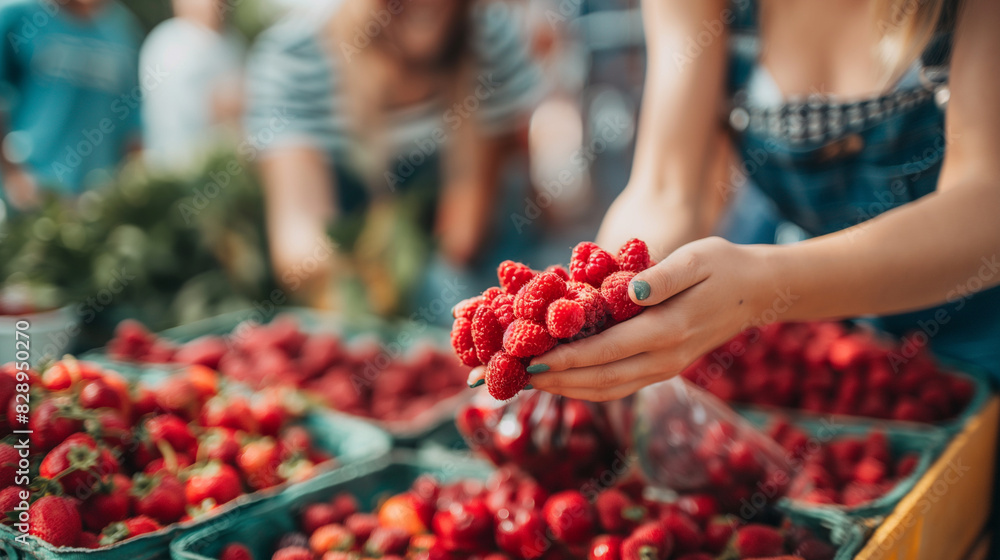 Friends at a berry stall, excitedly picking and bagging fresh berries ...