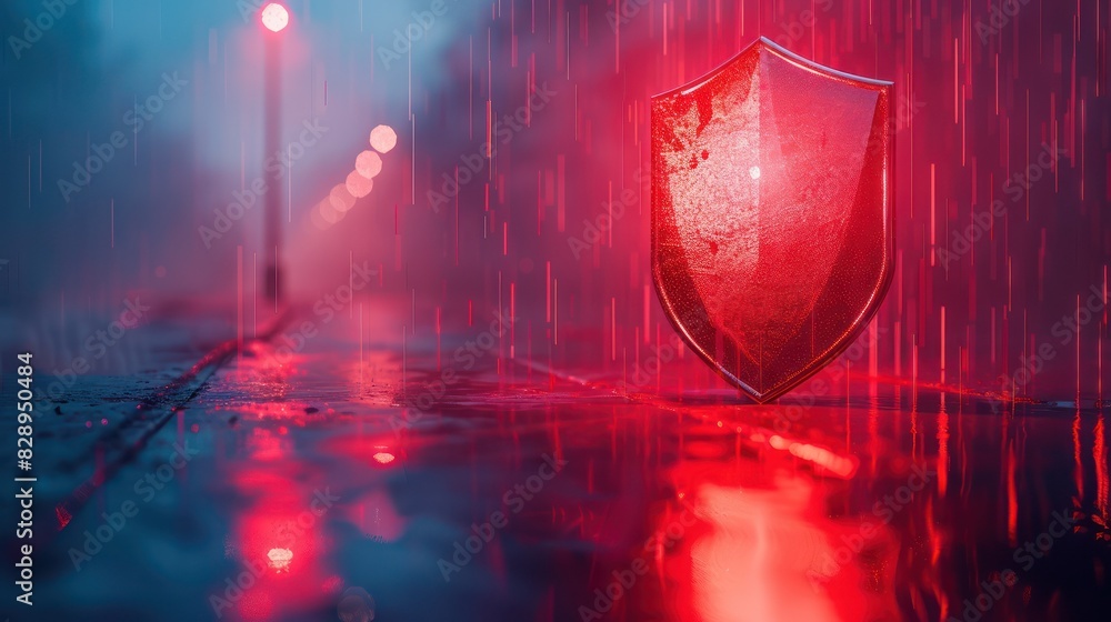 Red shield illuminated under streetlights in a rainy night, symbolizing ...