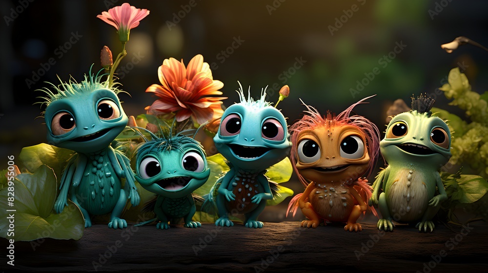 Friendly bugs in lush green garden: happy expressions and soft pastel ...