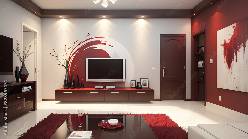 Elegant contemporary living room featuring red wall design, sleek ...