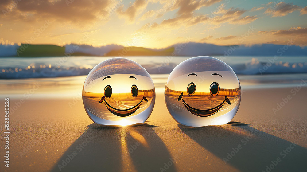 Two glass spheres with emoji faces resting on a sandy beach at sunset ...