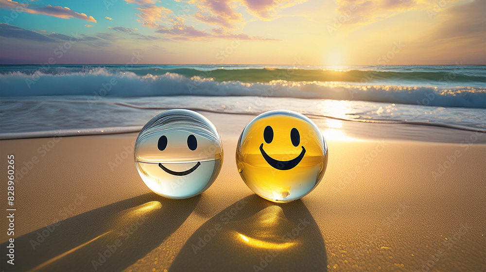 Two glass spheres with emoji faces resting on a sandy beach at sunset ...