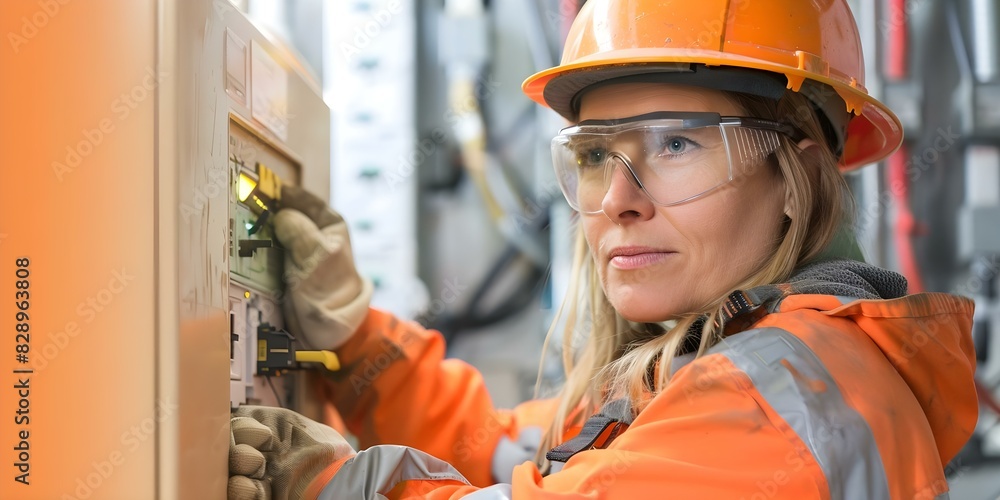 Woman in safety gear conducting inspection of commercial fuse box for electrical safety. Concept ...