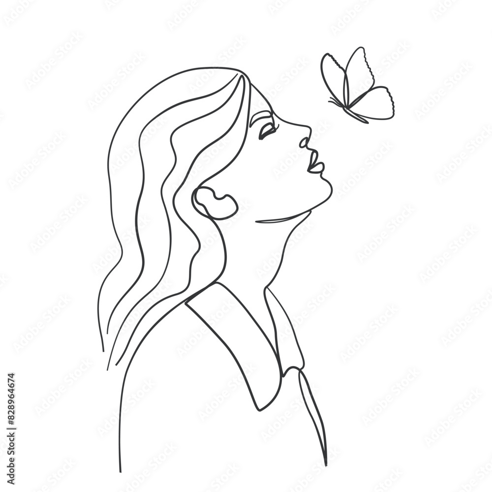 Women side face with beautiful butterfly line art. Female outline ...