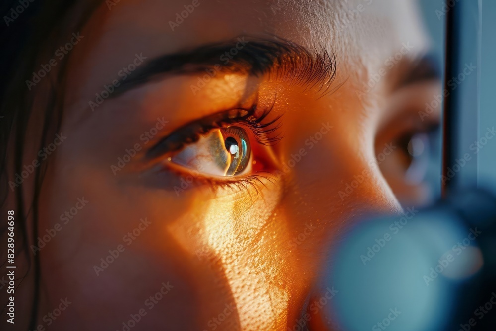 A woman face with a slit lamp in front of her eye capturing the moment ...