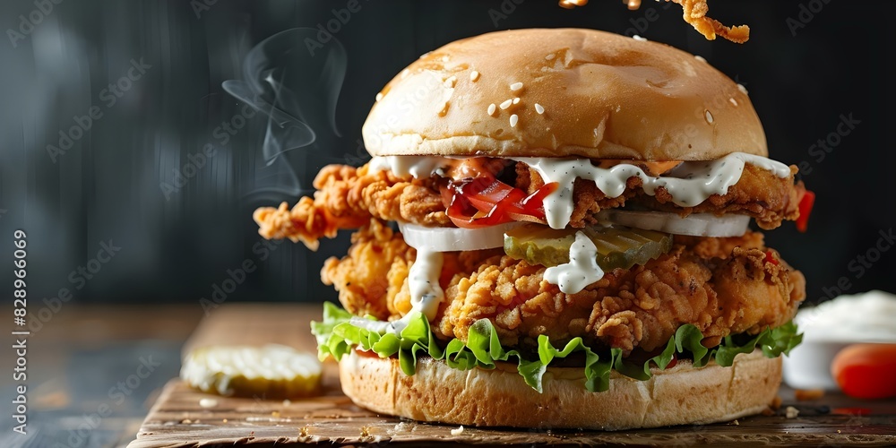 Flying Ingredients: Crispy Fried Chicken Burger Ready to Serve. Concept ...