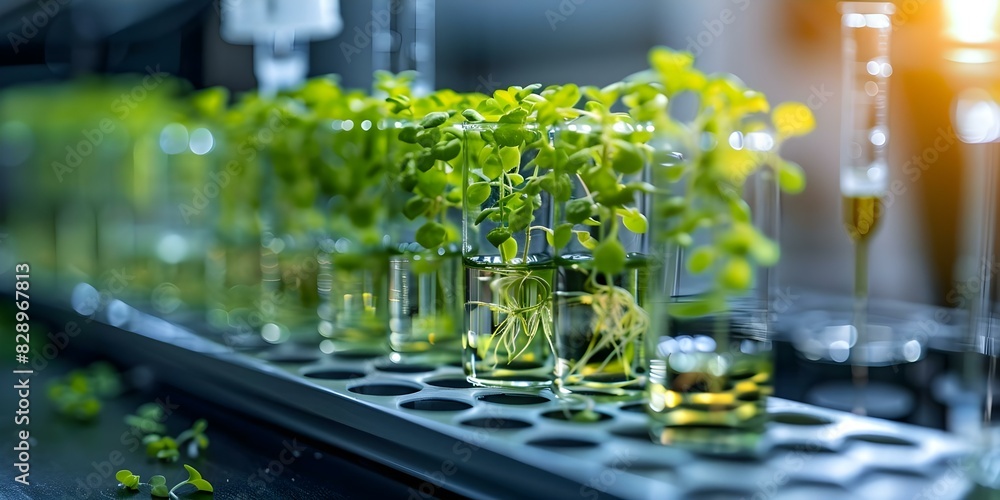 Green plants in test tubes for tissue culture in a laboratory setting ...