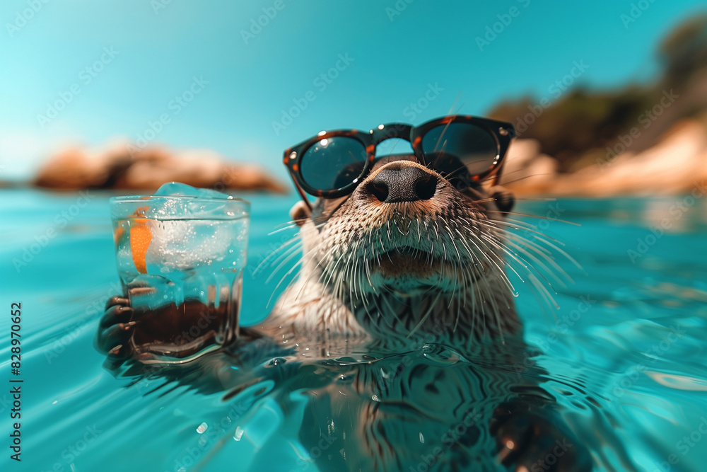 An otter wearing sunglasses floats in a pool, holding a refreshing ...