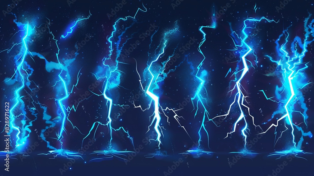 Animated cartoon lightning sprite. Blue vector thunderbolts strike in a ...