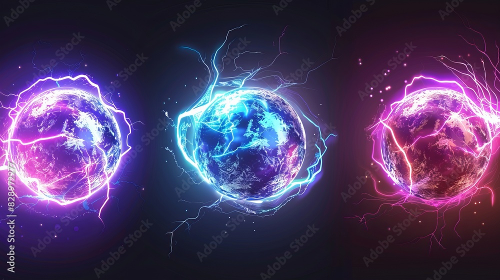 Spherical electrical phenomena, circular lightning in blue and purple ...