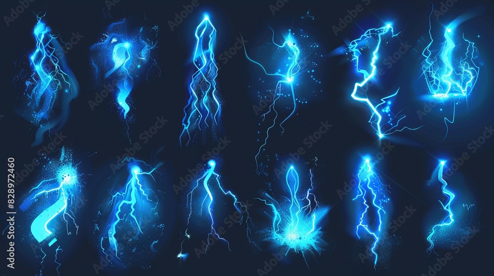 Elements of flash thunderbolts. Light charges and thunder hits in blue ...
