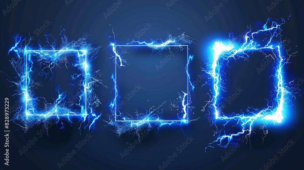 Lightning frames, blue electric borders of rectangular and square ...