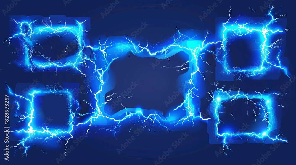 Lightning frames, blue electric borders of rectangular and square ...