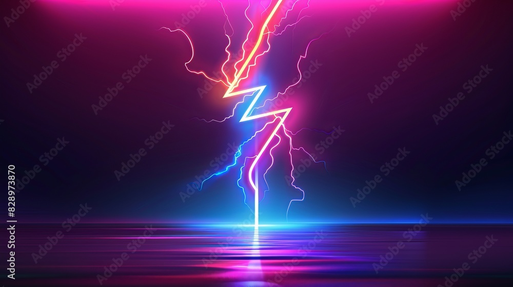 Neon lightning bolt icon. Glowing neon thunder flash sign, electrical ...