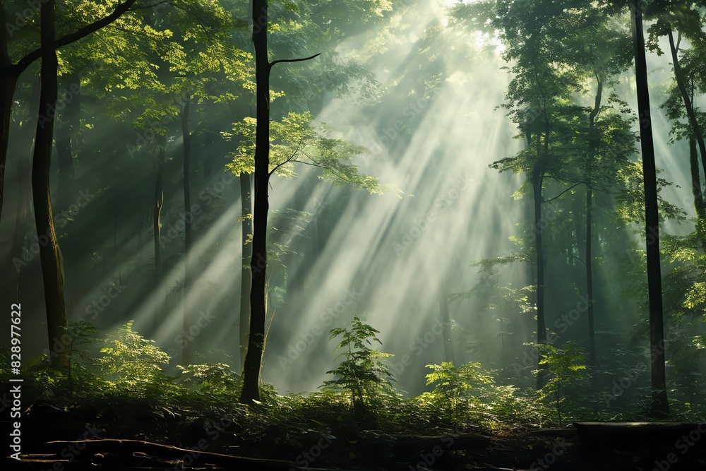 Sun rays filtering through trees in a lush, green forest, creating a ...