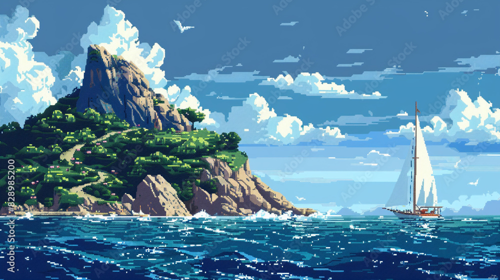 2d pixel art of island ,sailboat on the sea with blue sky, game art, 16 ...