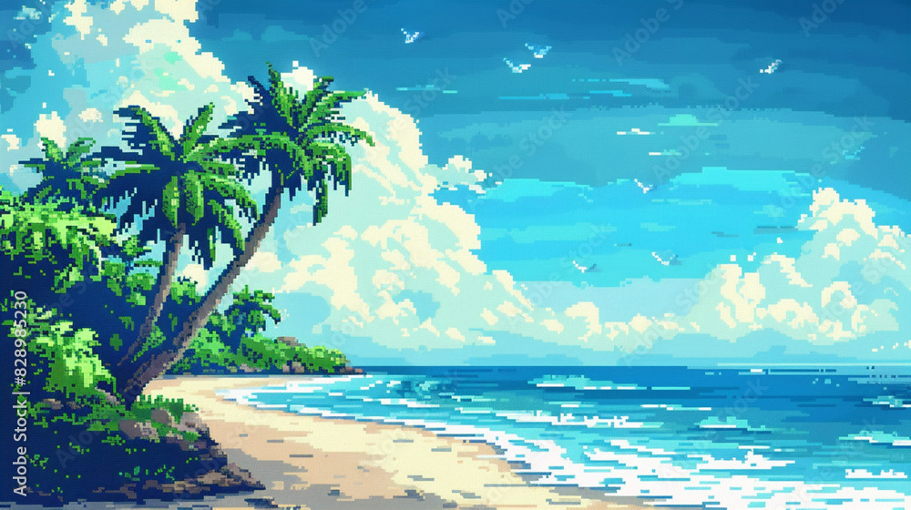 2d pixel art of beach, palm tree on the beach, blue sky , game art, 16 ...