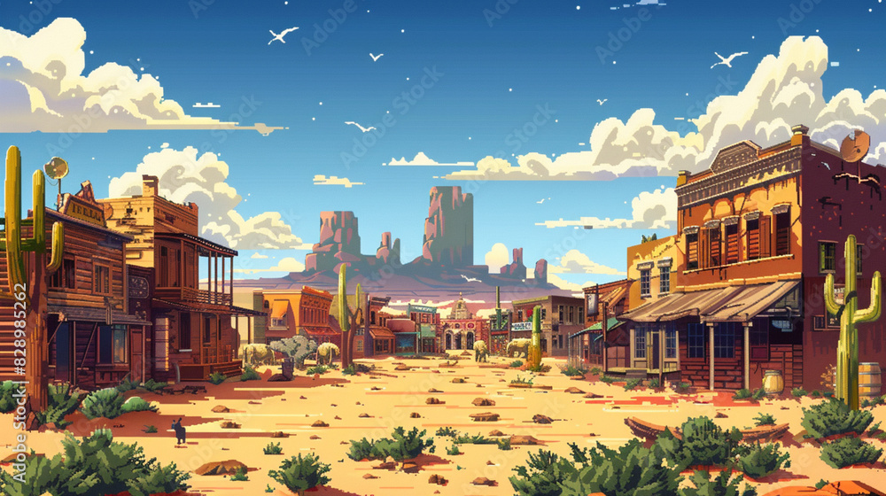 2d pixel art of western town , cowboy Westland, game art, 16 bits, 32 ...