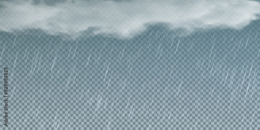 Raindrops on transparent background. Storm with rain and white cloud ...