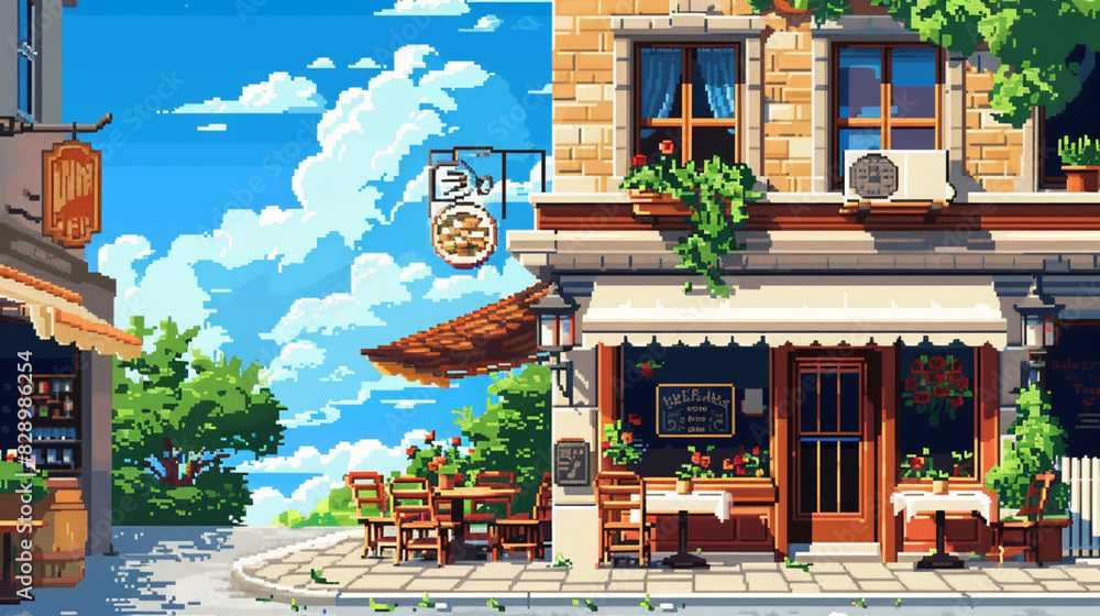 2d pixel art of cafe on the street with blue sky, coffee shop, game art ...