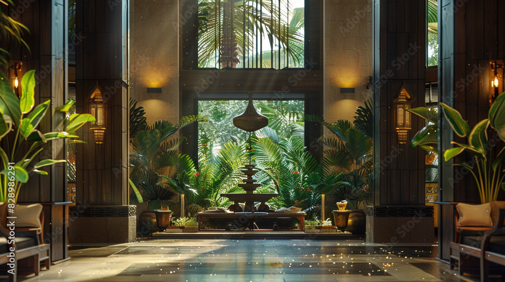 interior of a hotel lobby with tree and foliage, nature decoration ...