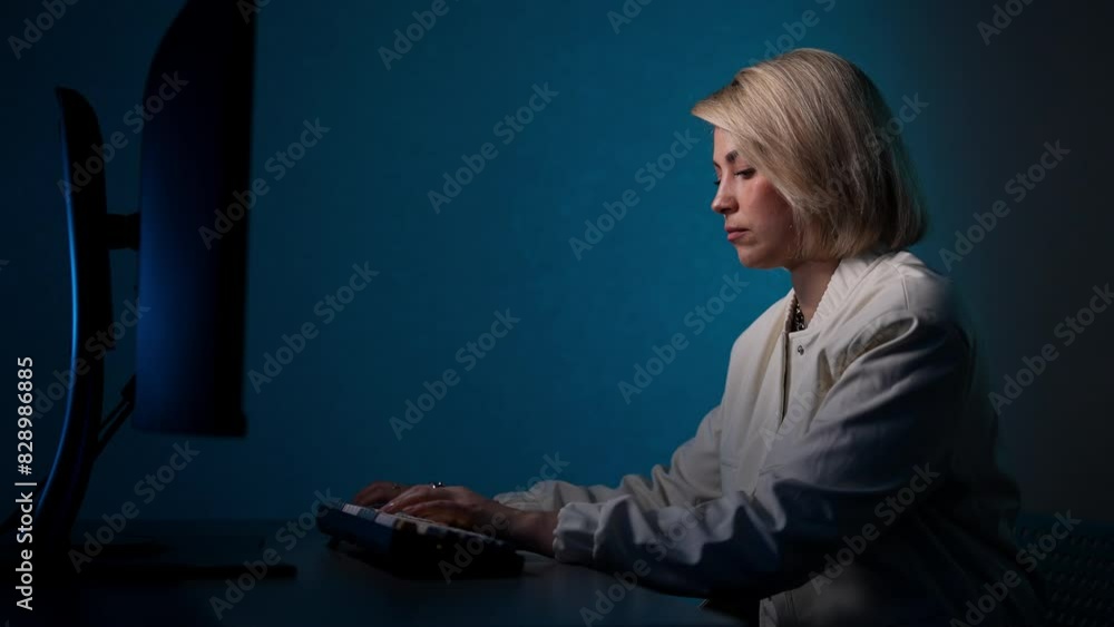 Side view of focused female hacker hacking into secure system in dark ...