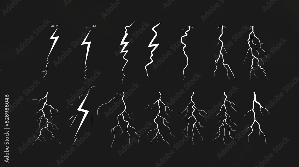 Set of lightning outline icons, illustrating electric flashes of power ...