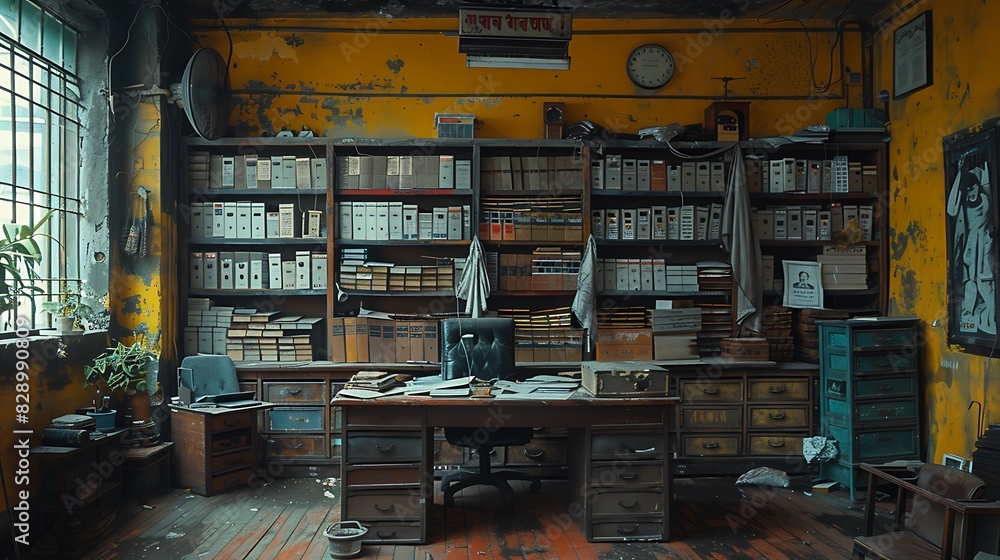 Indian bureaucratic workspace with outdated furniture metal filing ...