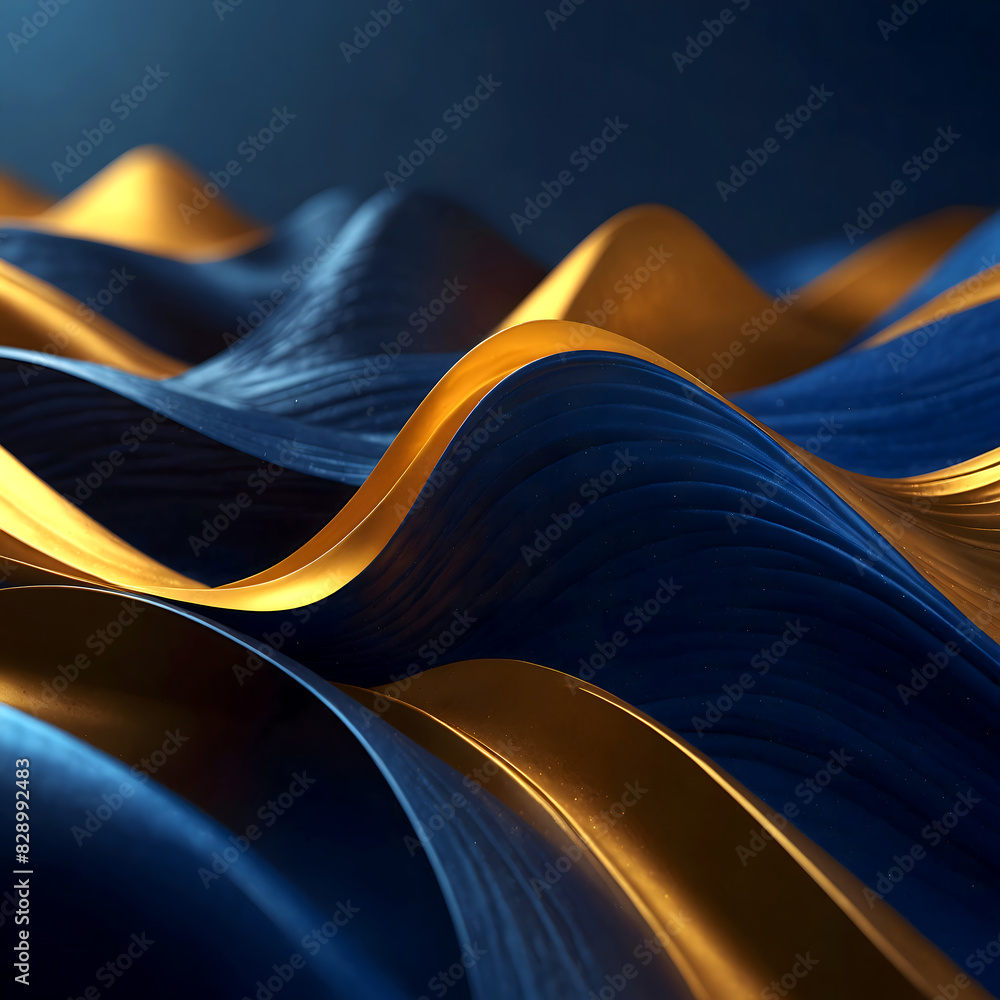 Dark sapphire blue and gold abstract background with 3D texture, wavy ...