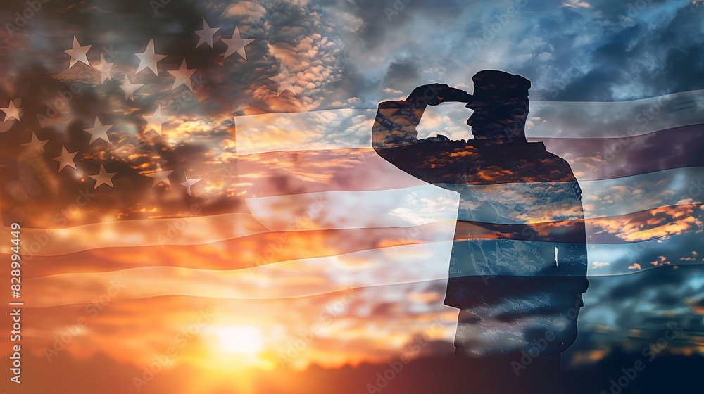 Patriotic Salute in Remembrance: Double Exposure Silhouette of Fallen ...