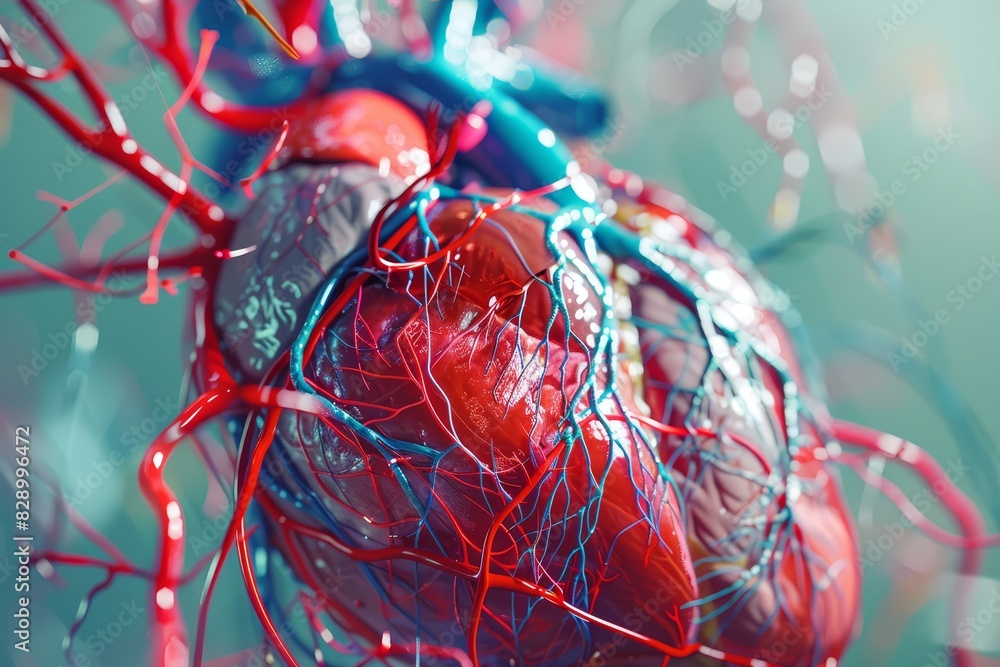 Detailed illustration of the human cardiovascular system, featuring ...