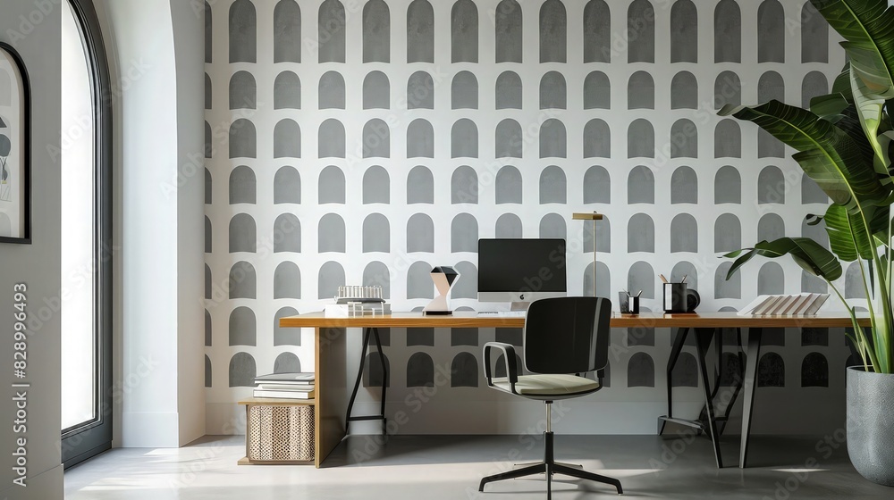 A modern home office designed with walls covered in extra small arch ...