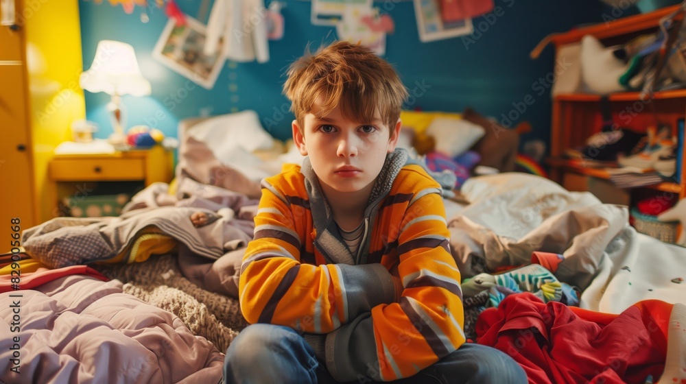 Rebellious Boy with Attitude in Disordered Room Stock Photo | Adobe Stock