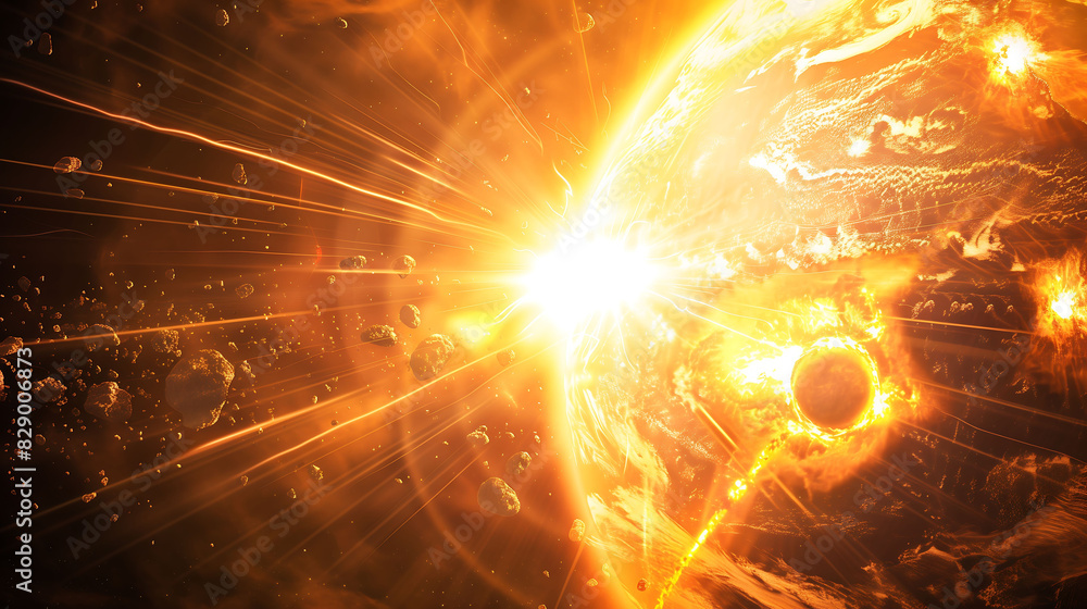Epic depiction of a planet exploding in space, with fiery debris and ...