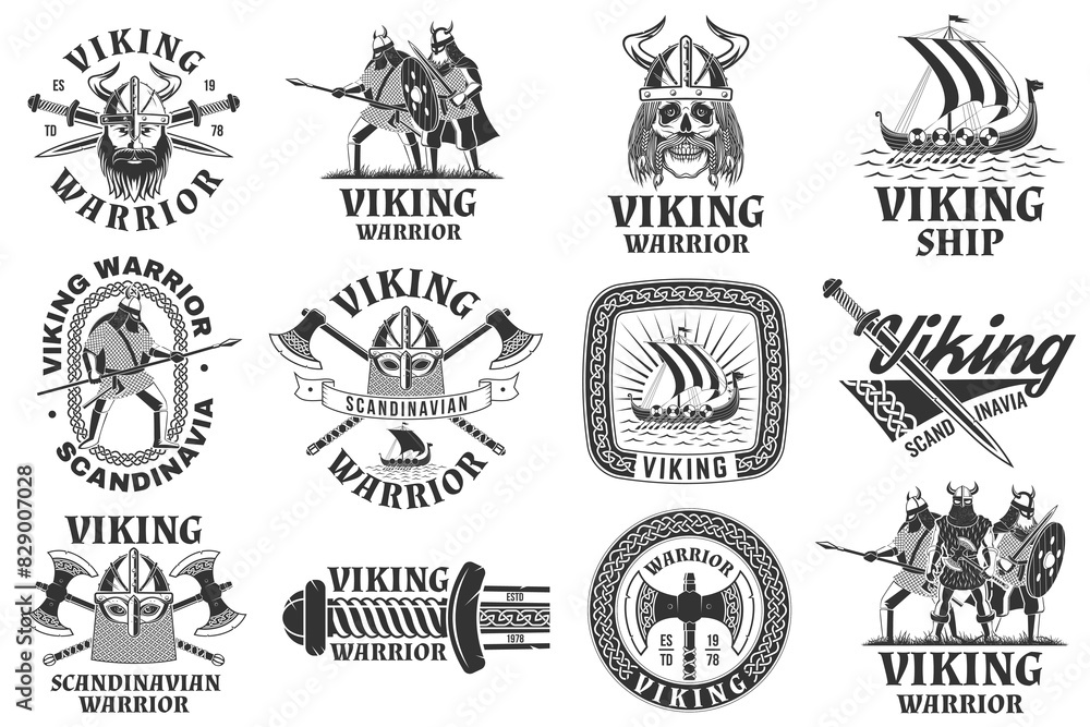 Poster Set of viking warrior logos, badges, stickers – Wall Art | UkPosters