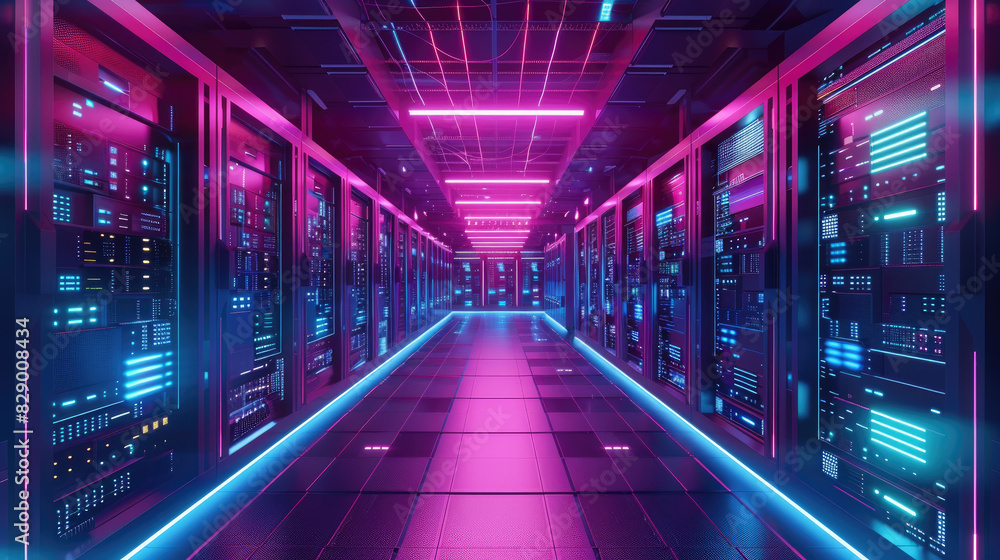 Futuristic data center, modern computer servers in dark room with neon ...