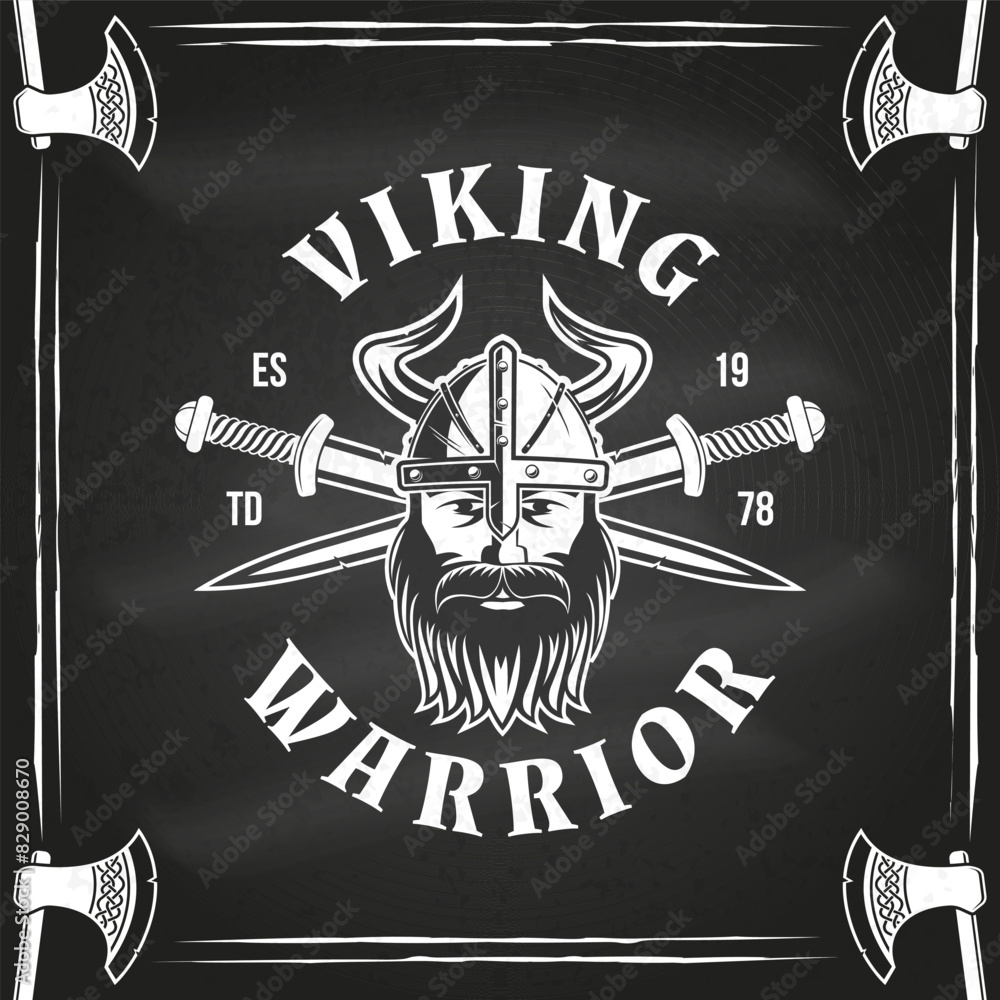Viking warrior logo, badge, sticker on the chalkboard. Vector ...
