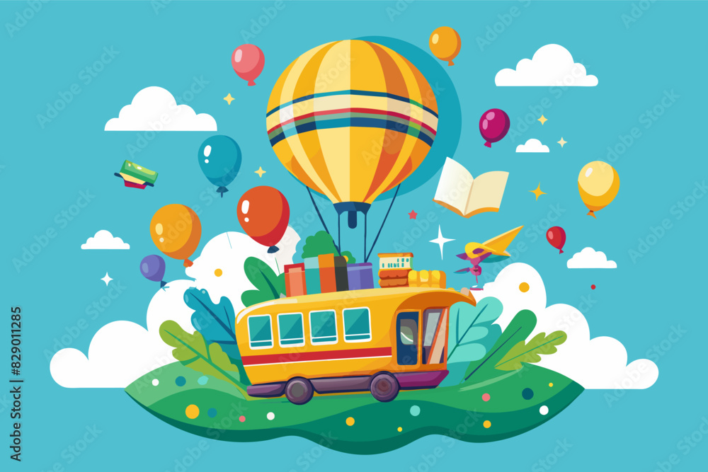 a school bus with balloons and books flying above it, A school bus ...