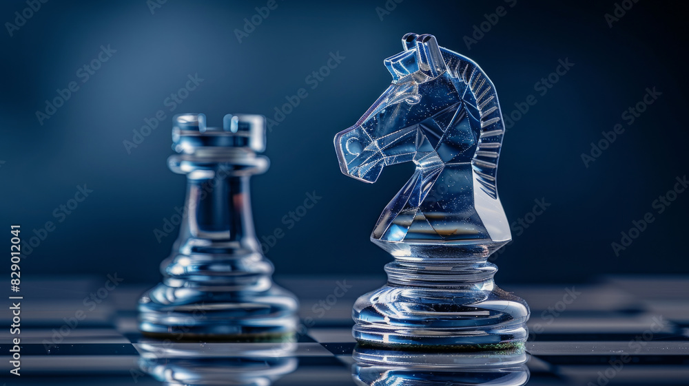 Glass knight and rook chess pieces on board with blue background. Stock ...